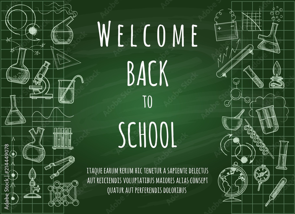 Welcome back to school. Green chalk board doodle education background ...