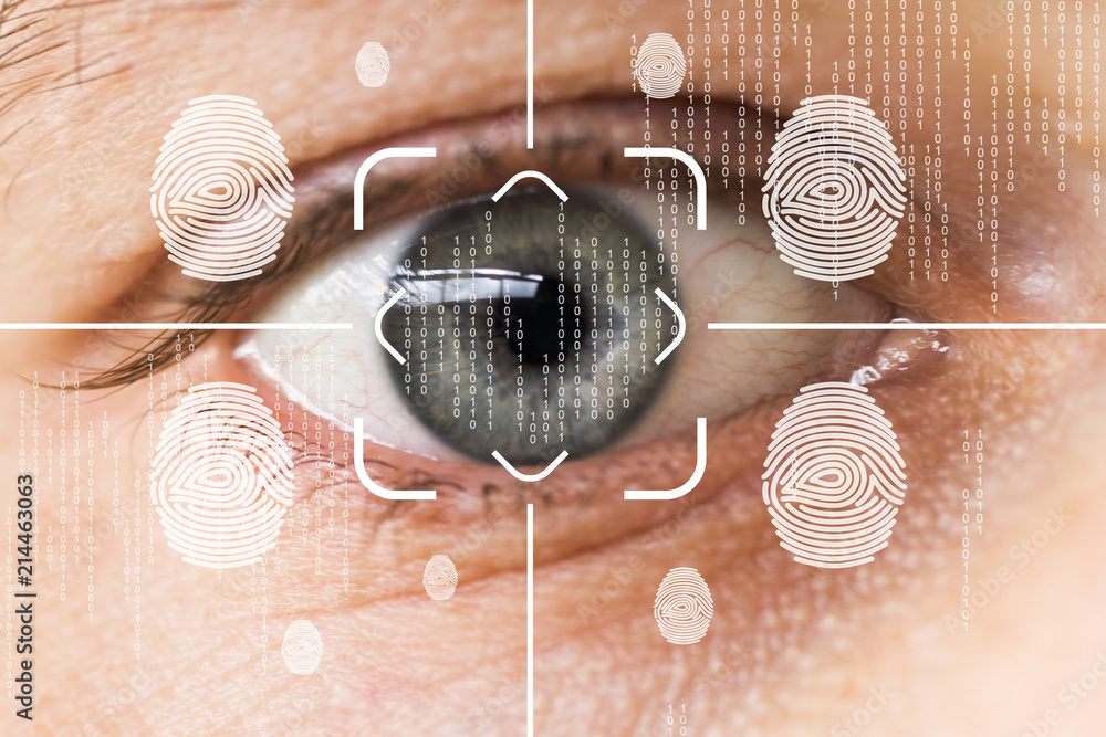 Biometric security retina scanner. Young man eye fingerprint web ...