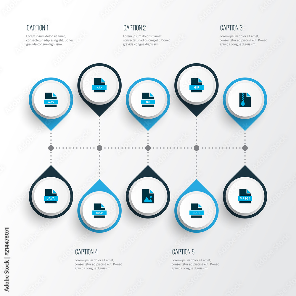 Types icons colored set with text, file image, file archive and other ...