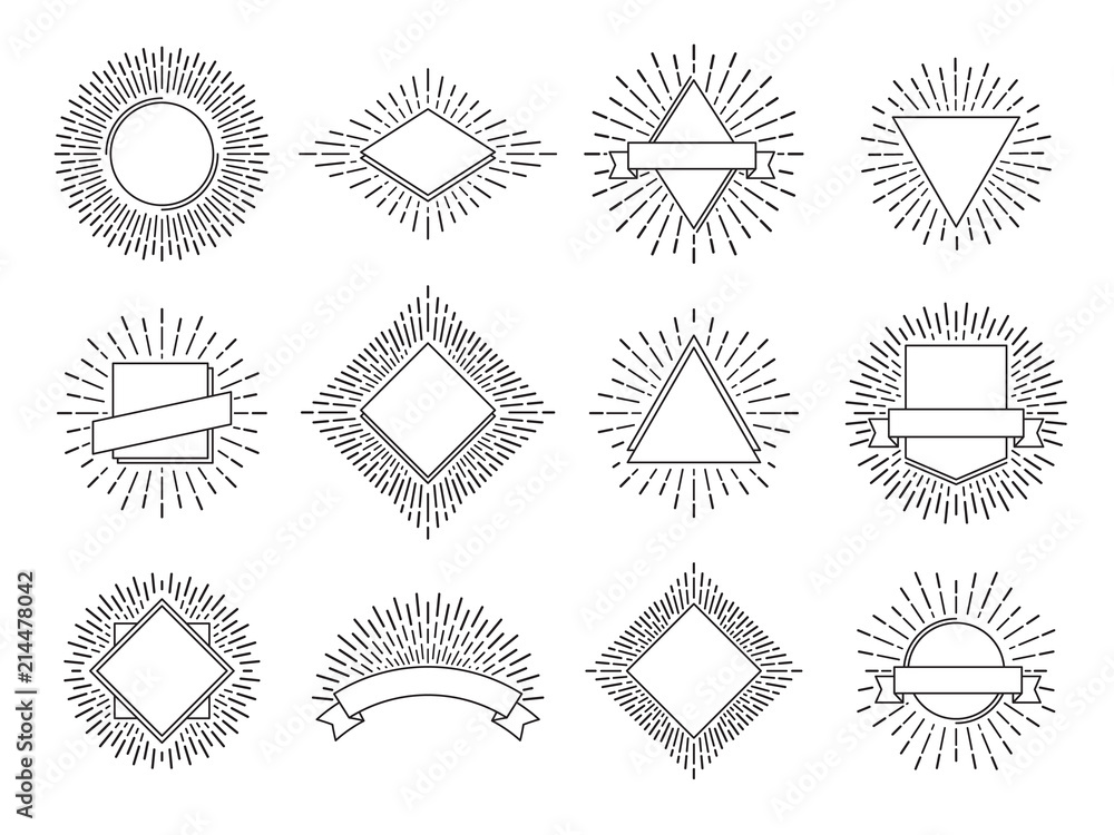 Sunburst labels. Retro sun rays logos. Vintage heraldic sunrise emblem ...