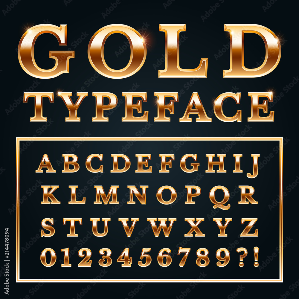 Golden letters with gold shine metal gradients. Shiny alphabet and ...