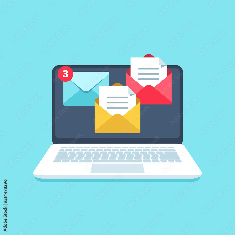 Flat email messages inbox notification. Laptop computer screen with ...