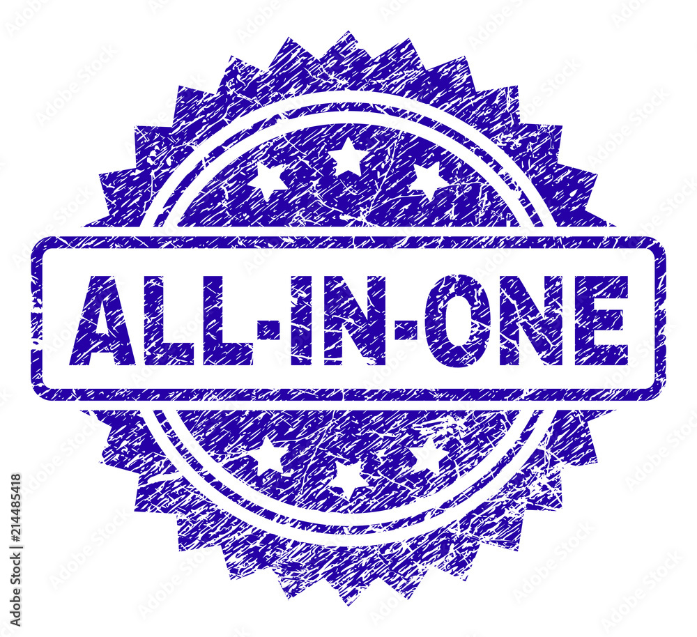 ALL-IN-ONE stamp watermark with corroded style. Blue vector rubber seal ...
