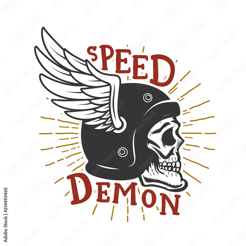 Speed demon. Skull in winged helmet. Design element for poster,card, t ...