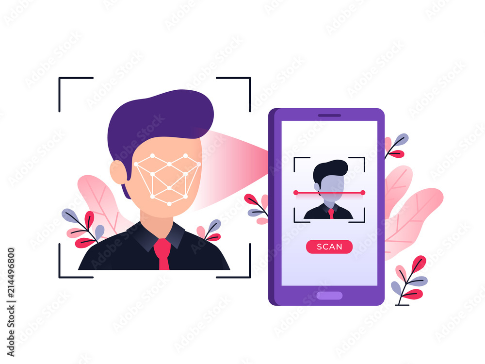 Smartphone scans a man face. Biometric identification. Facial ...
