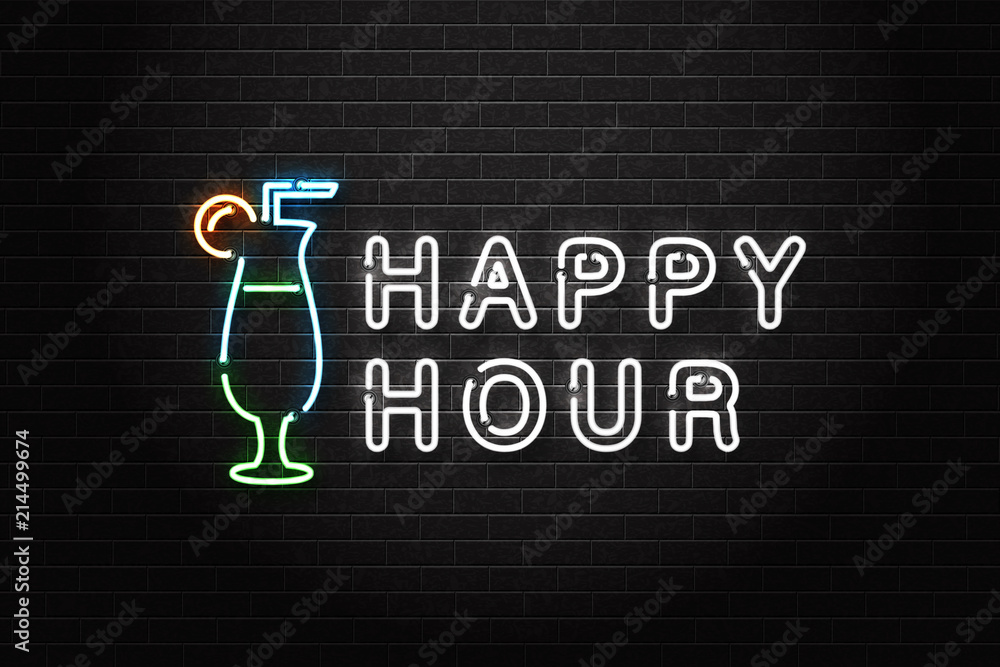 Vector realistic isolated neon sign of Happy Hour logo with cocktail ...
