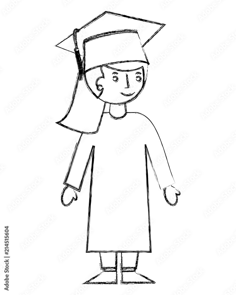school girl in graduation clothes and hat vector illustration sketch ...