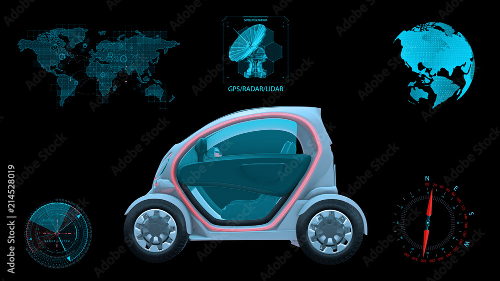 Autonomous vehicle, electric driverless car on black background with ...