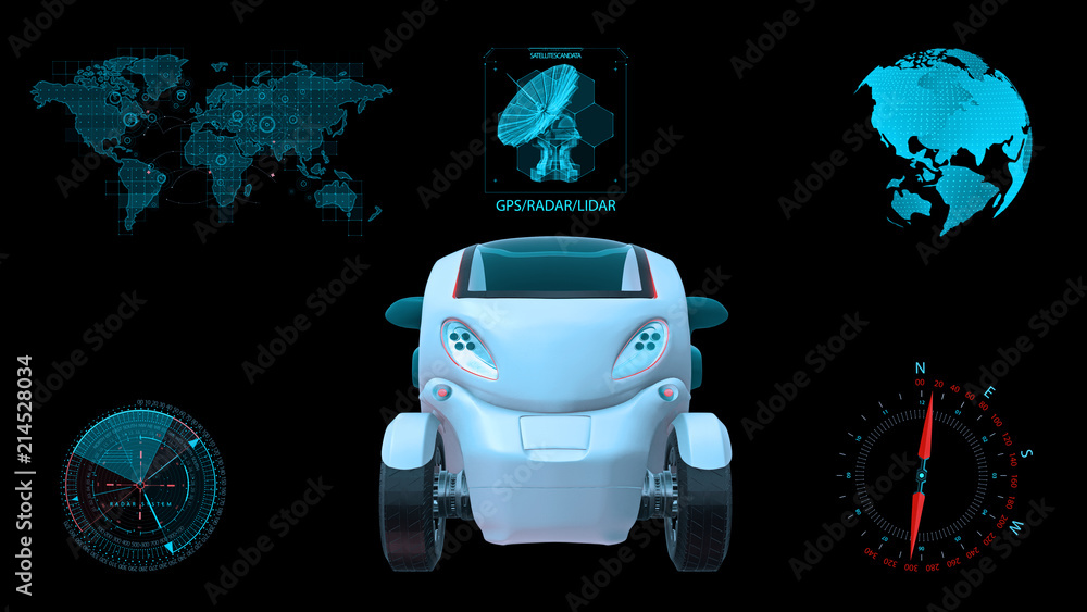 Autonomous vehicle, electric driverless car on black background with ...