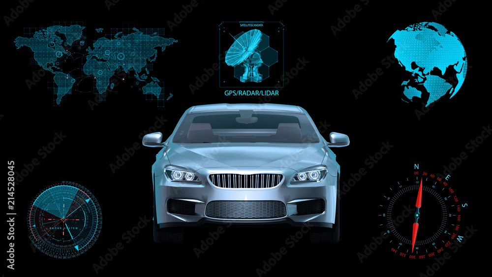 Driverless vehicle, autonomous sedan car on black background with ...