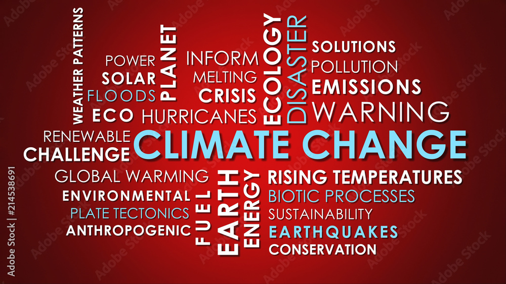 Climate Change related animated text word cloud on red background ...