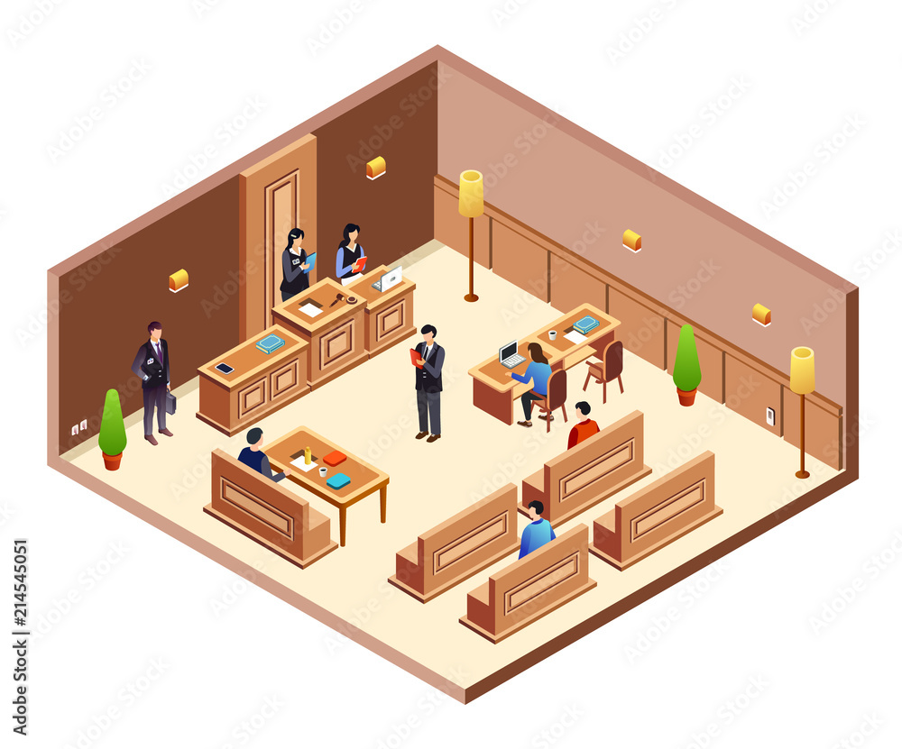Court hearing cross section vector illustration. Isometric courthouse ...