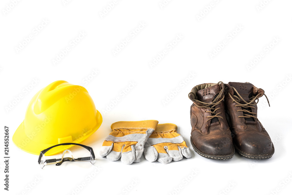 Construction site safety. Personal protective equipment on white ...