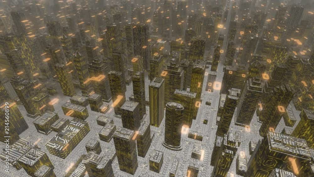 Seamless looping 3d animated digital city with a circuit board texture ...