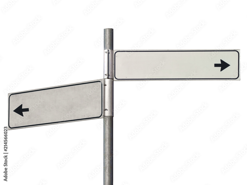 Black and white road sign pointing in two direction, isolated on white ...
