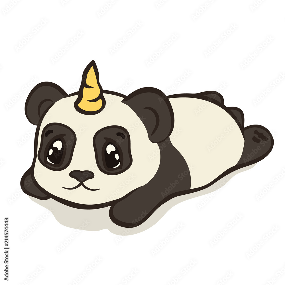 Cute panda bear character with unicorn horn isolated. Panda has a rest ...