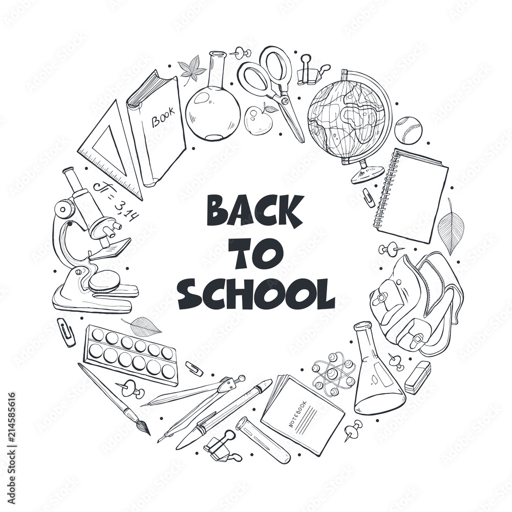 Hand drawn school objects in circle frame. Vector illustration of ...