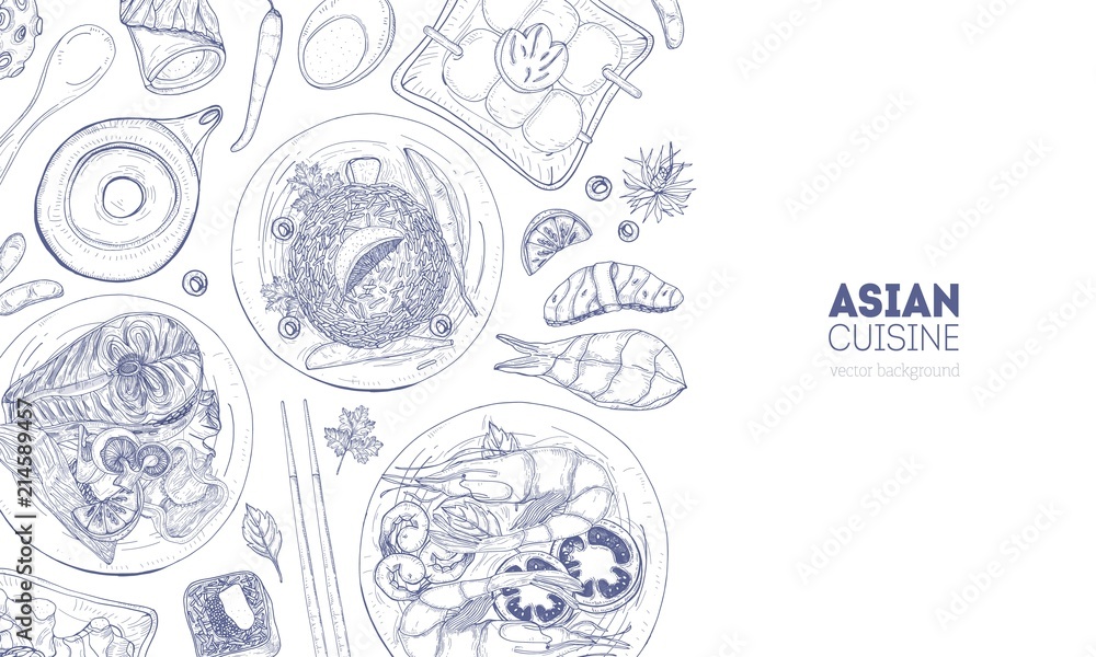 Horizontal backdrop with Asian cuisine meals and food lying on plates ...