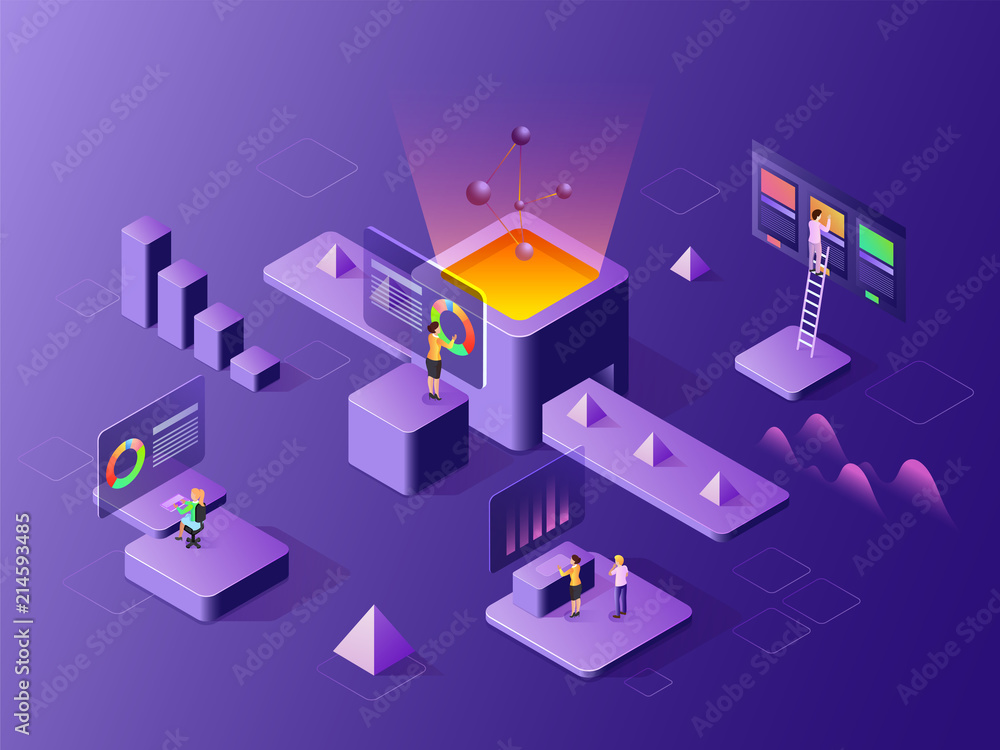 Data Analysis concept based isometric design with illustration of analysts alnalysis the data ...