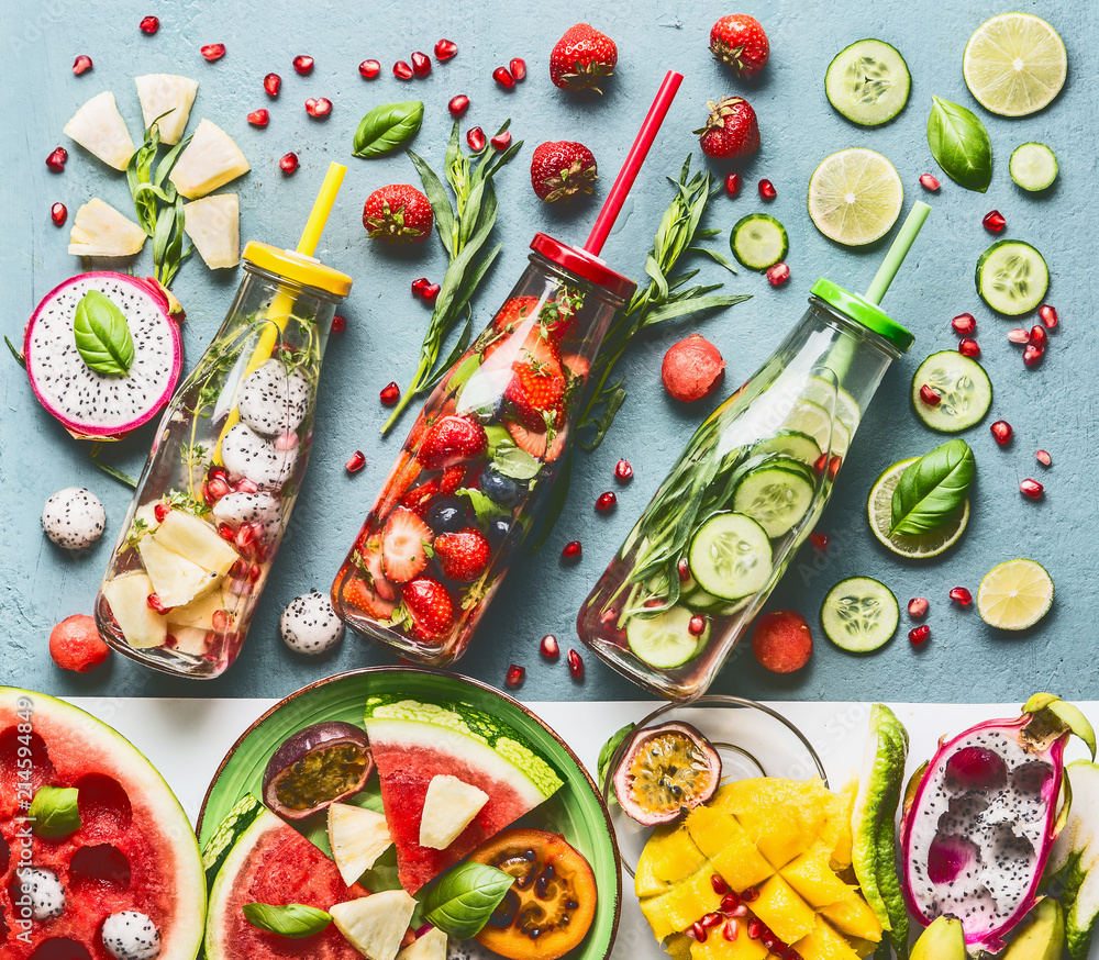 Summer refreshing and extra hydrating infused water in bottles with ...