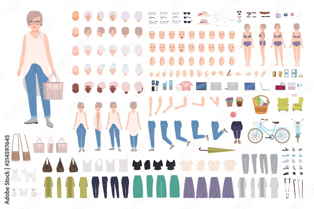 Modern elderly woman or old lady DIY kit. Bundle of grandmothers's body ...