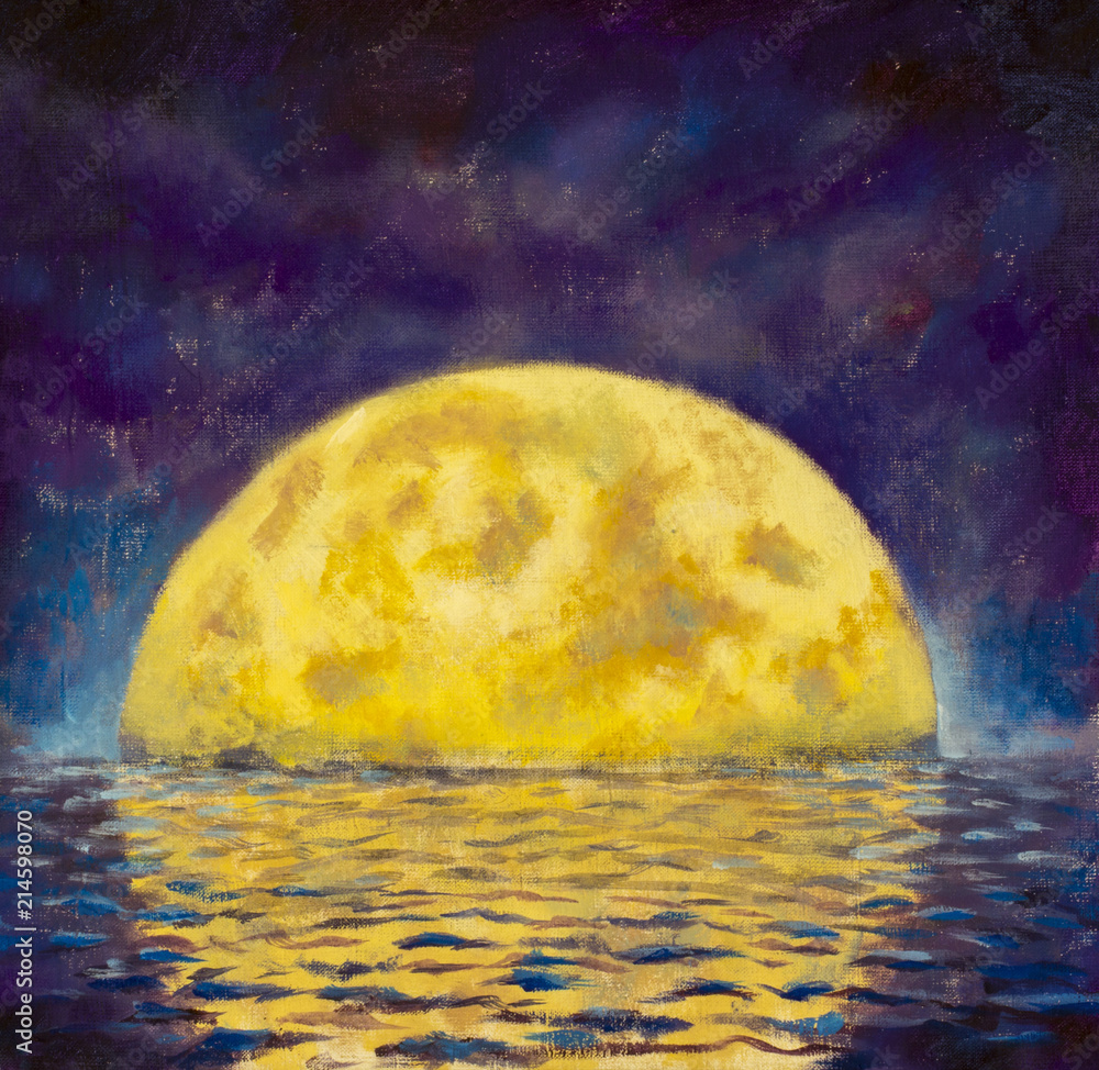 Big moon. Original acrylic painting A large glowing moon is reflected ...