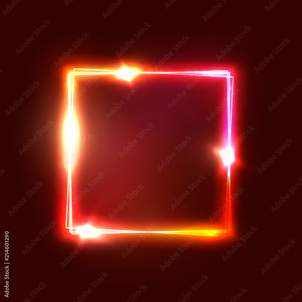 Geometric neon lights signage. Bright glowing square shape on dark red ...