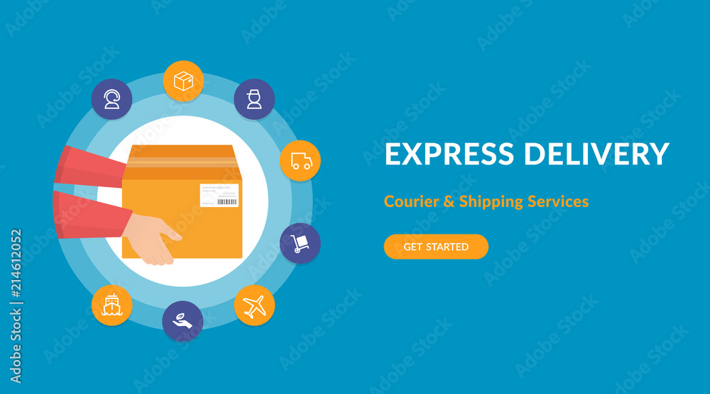 Express delivery service and fast shipping a cardboard box. Flat ...