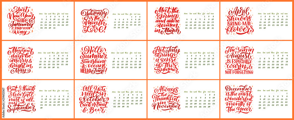 Vector calendar for months 2 0 1 9. Hand drawn lettering quotes for ...