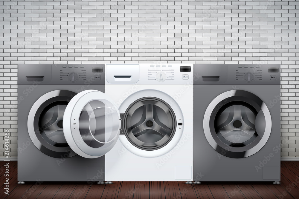 Laundry room interior with washing machines on white brick wall ...