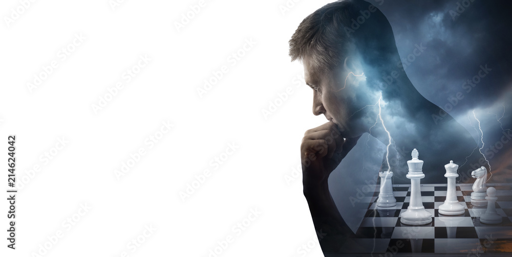 Silhouette of thinking man and chess pieces isolated on white ...