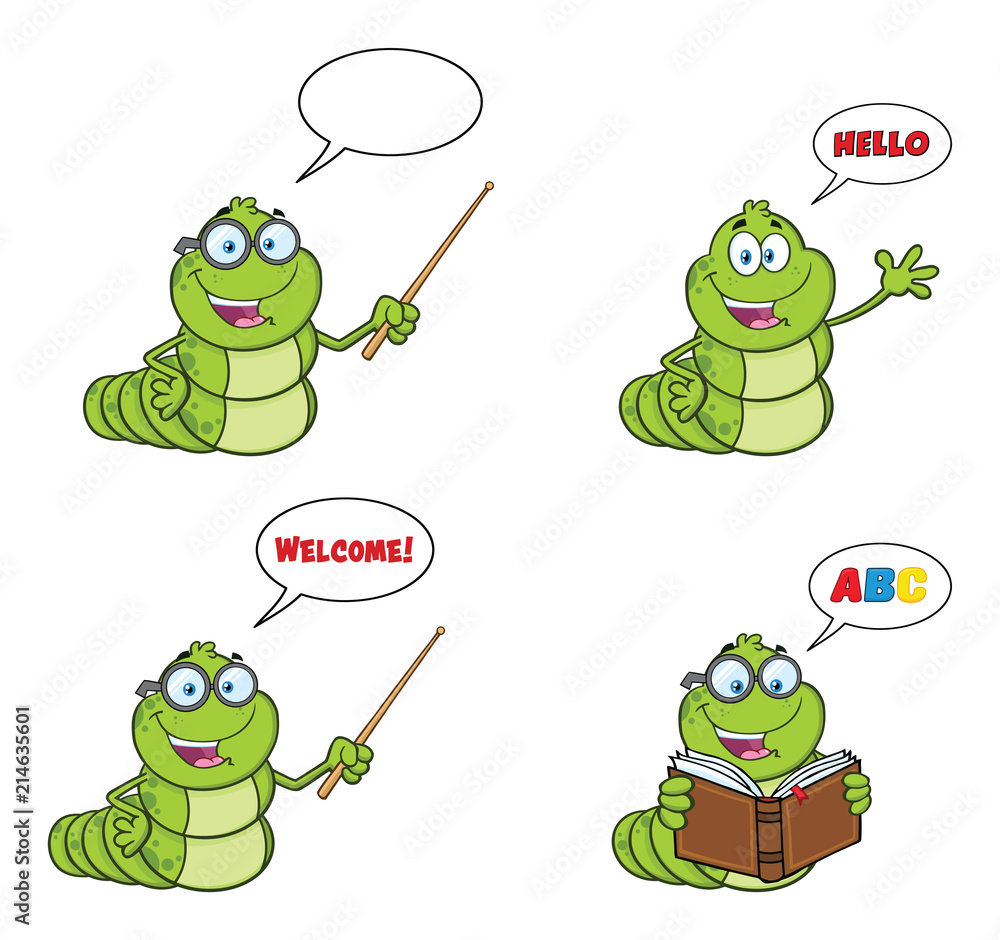 Book Worm Mascot Cartoon Character Set 2. Vector Collection Isolated On ...