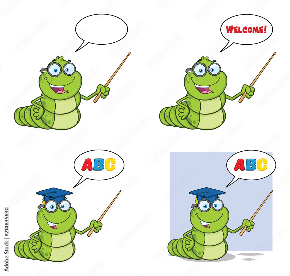 Book Worm Mascot Cartoon Character Set 3. Vector Collection Isolated On ...