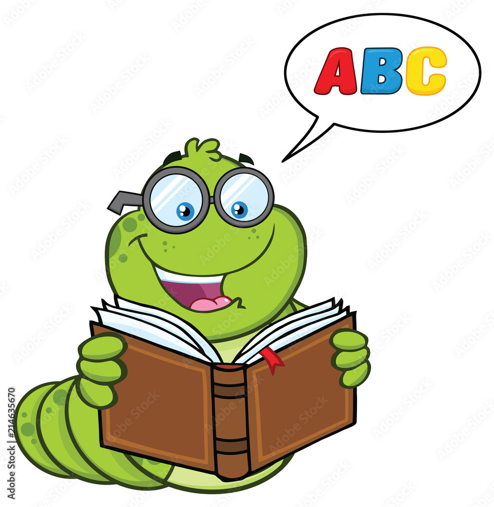 Book Worm Cartoon Mascot Character With Glasses Reading A Book. Vector ...