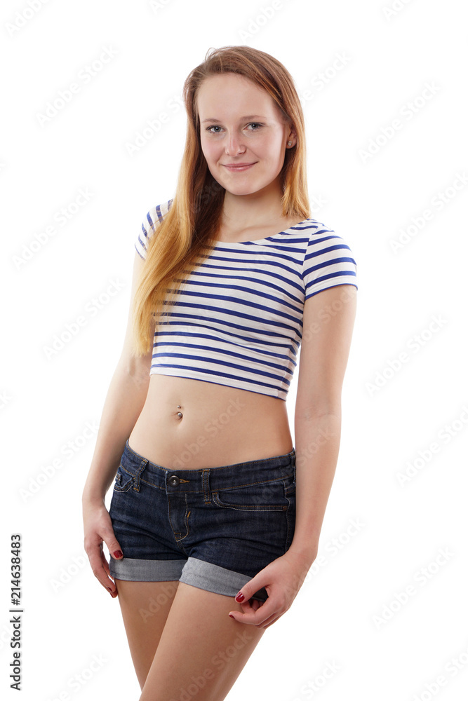 modern pinup girl wearing hot pants and stripy belly top Stock Photo ...