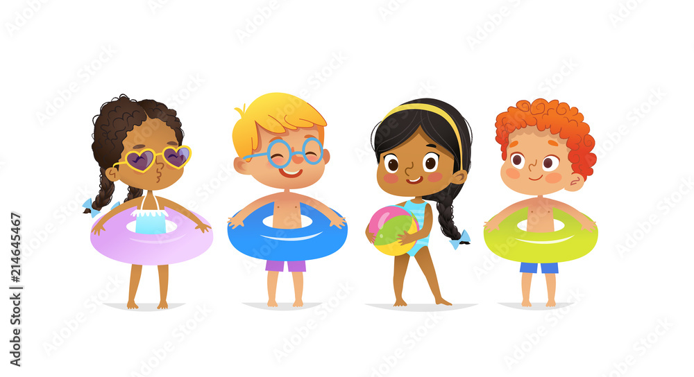Pool party characters. Multiracial boys and girls wearing swimming ...