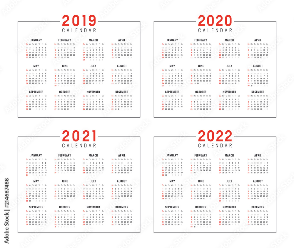 Years 2019 2020 2021 2022 calendars Stock Vector | Adobe Stock