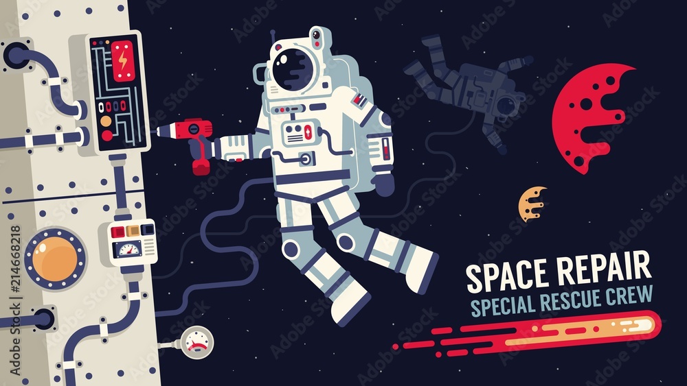 Astronaut in spacesuit repair a spaceship in outer space - Illustration ...