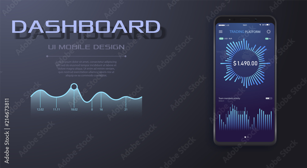 Mobile app single screen ui kit. Statistics dashboard piechart ...
