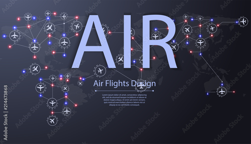 Set of airplanes flying over world map. Destinations of plane flight ...