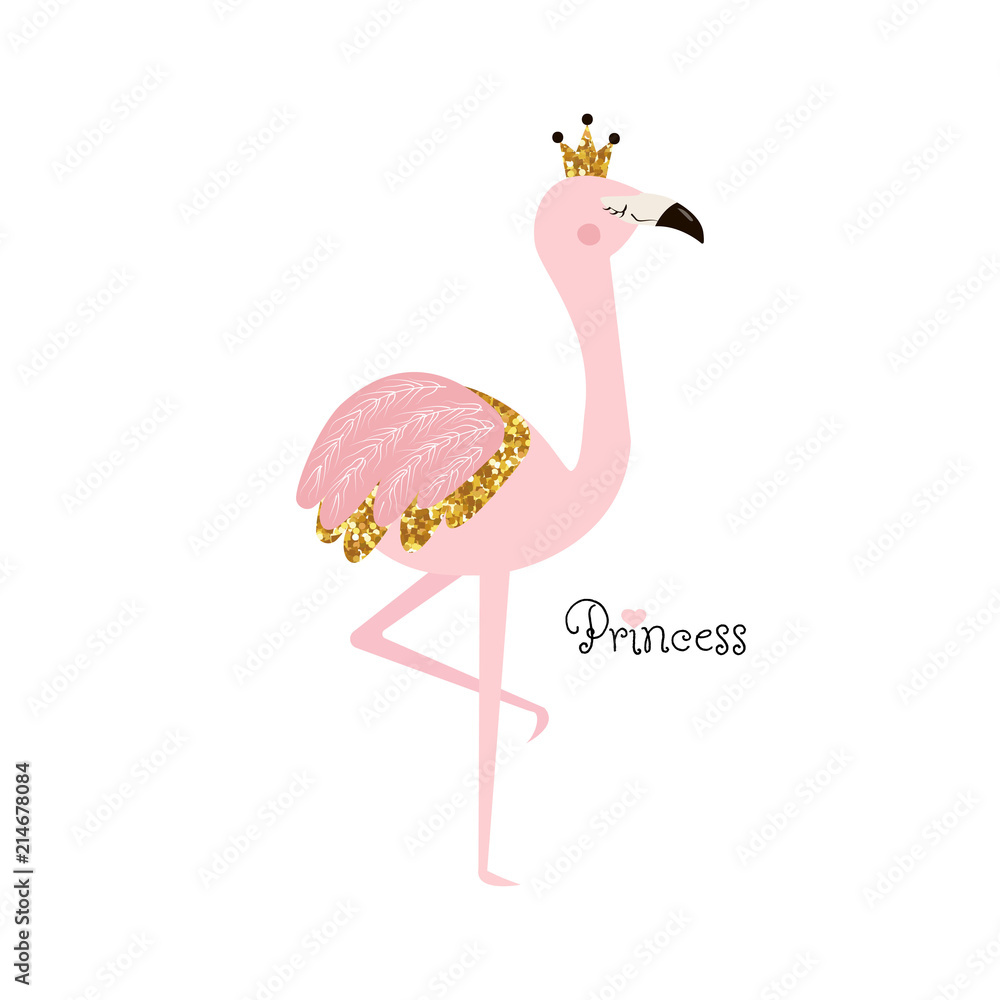 Flamingo princess with lettering and gold glitter crown. Vector hand ...