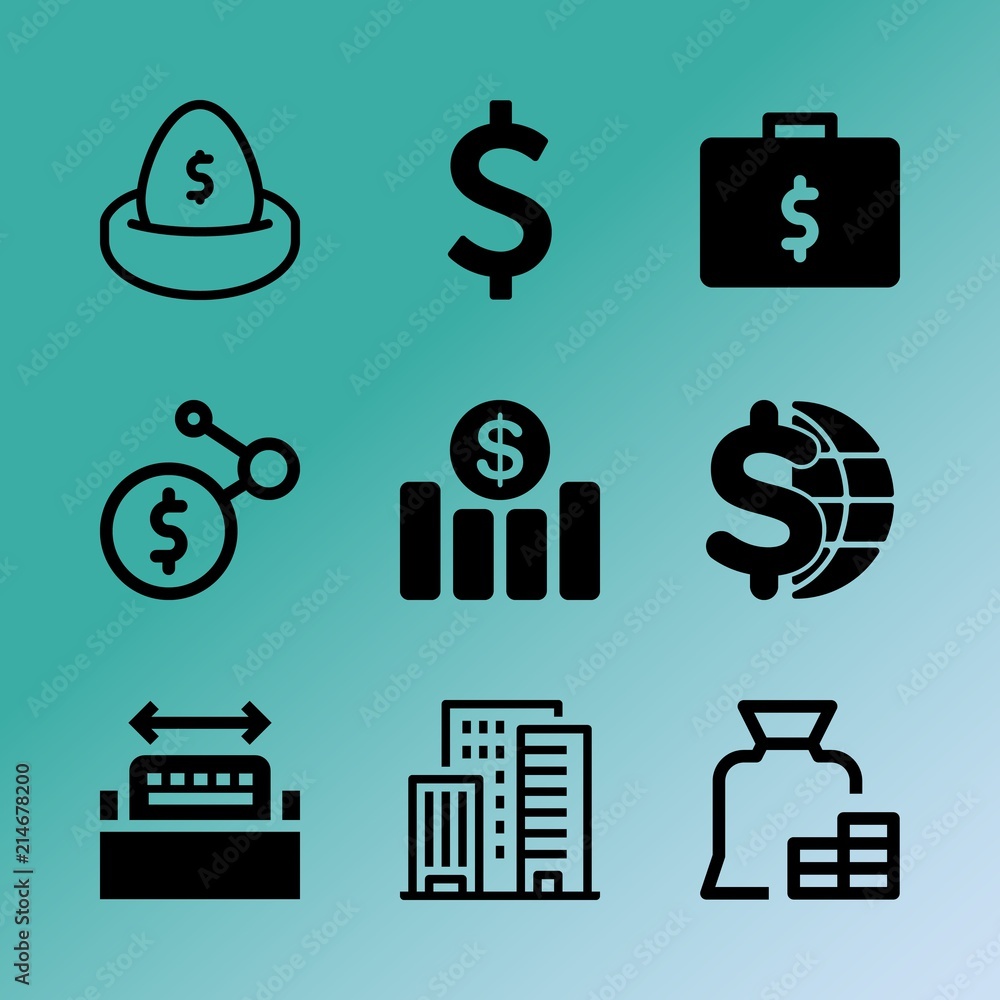 Vector icon set about bank with 9 icons related to earning, income ...