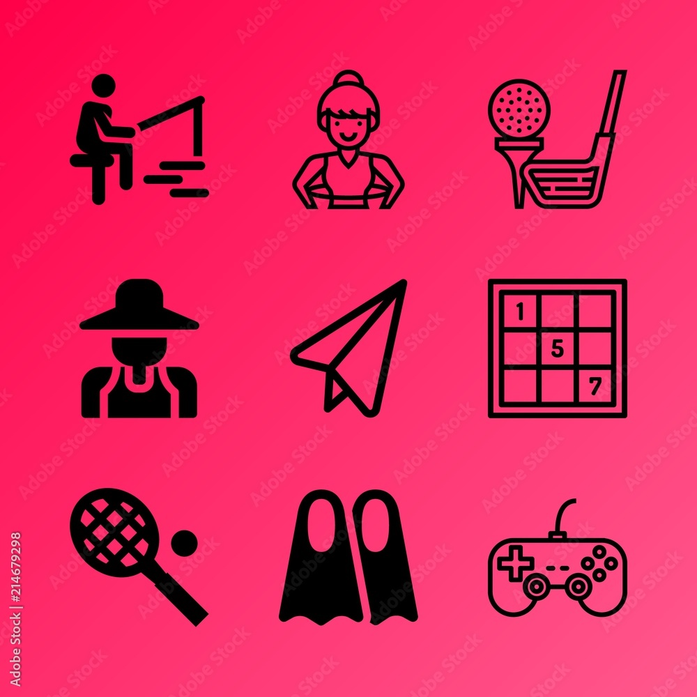 Vector icon set about hobby with 9 icons related to rake, tools, lure ...