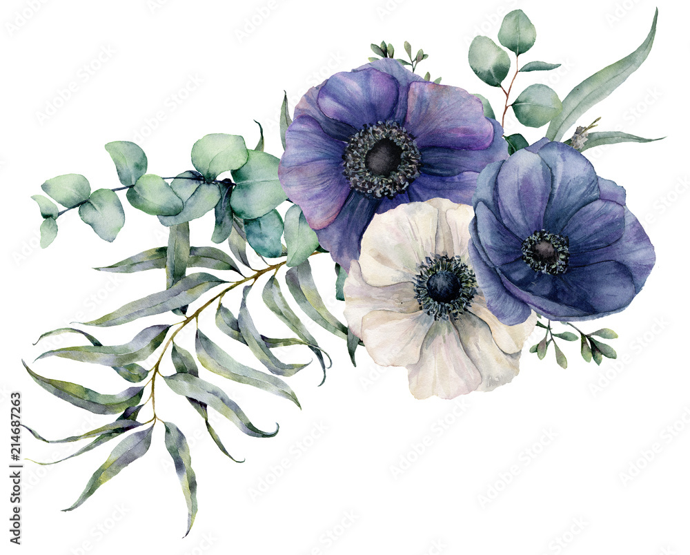 Watercolor elegant bouquet with anemone. Hand painted blue and white ...