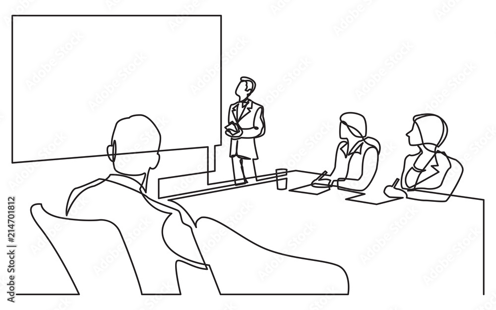 continuous line drawing of business presentation with team in meeting ...