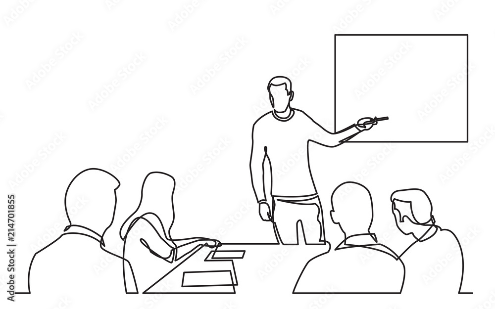 continuous line drawing of business presentation during team meeting at ...