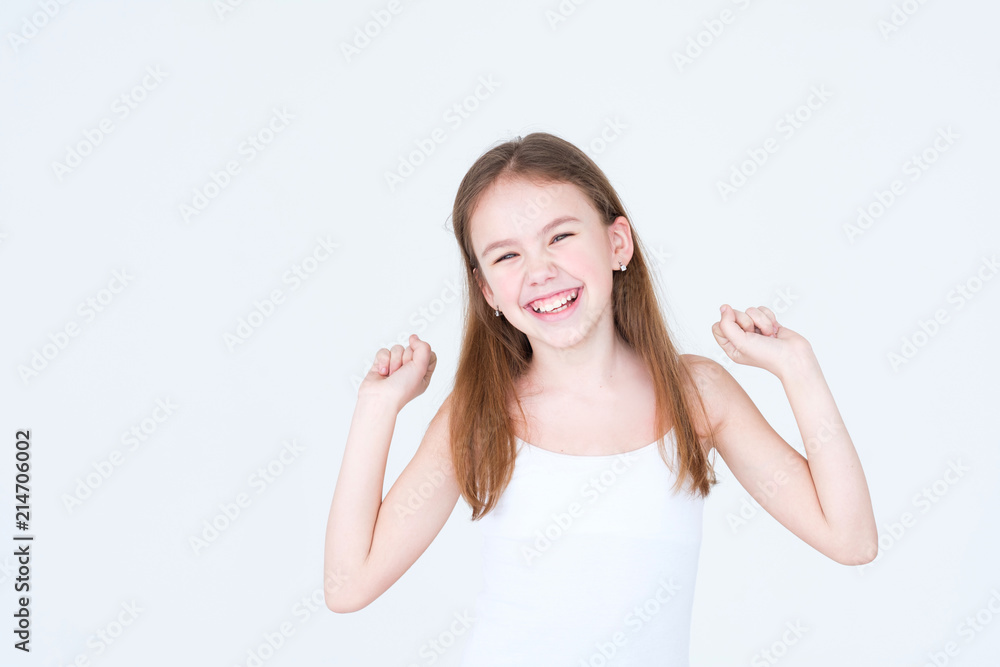 emotion face. joyful delighted smiling child. little girl portrait on ...