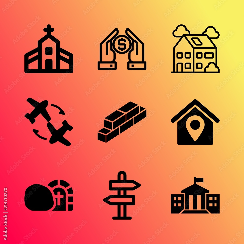 Vector icon set about building with 9 icons related to retro, indoor ...