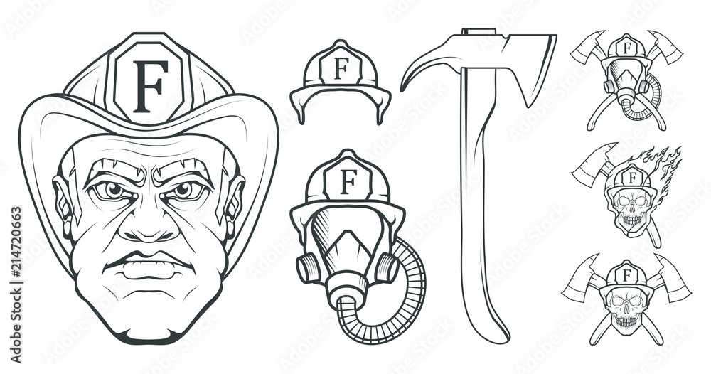 Hand drawn Firefighter. Professional Fire Protection concept. Rescuer ...