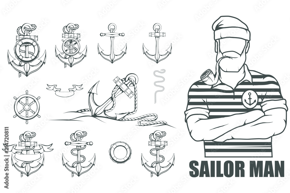 Hand Drawn sailor. Cartoon bearded man character. Sailor character head ...